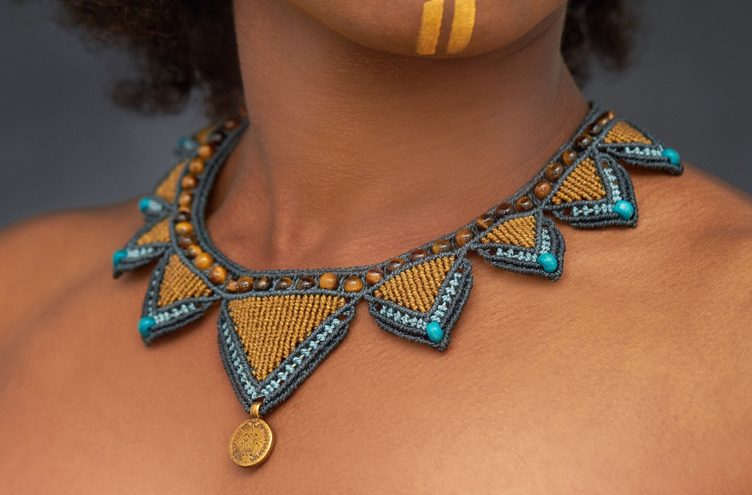 Indigenous Medallion Macrame Necklace. Mayan Beaded Tigers Eye Jewelry ...