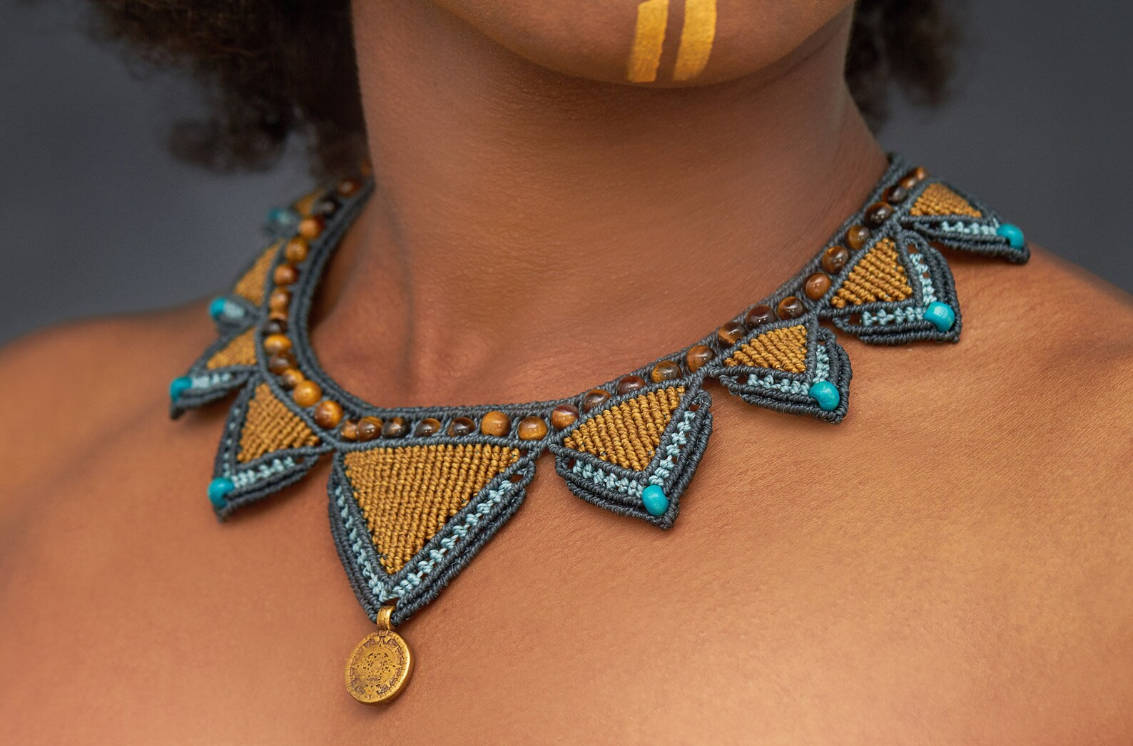 Indigenous Medallion Macrame Necklace. Mayan Beaded Tigers Eye Jewelry ...