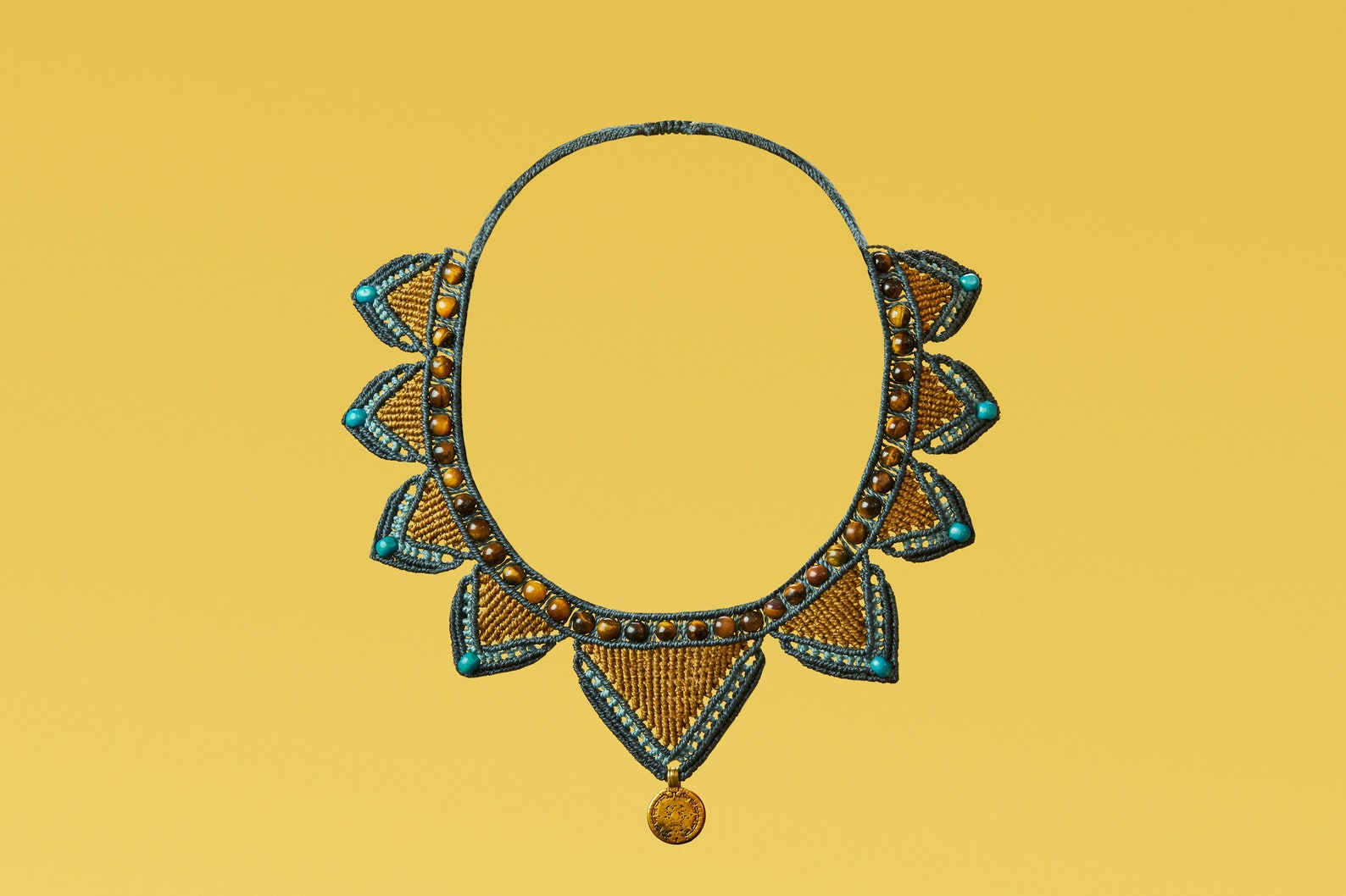 Indigenous Medallion Macrame Necklace. Mayan Beaded Tigers Eye Jewelry ...