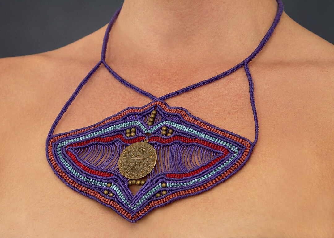 Handmade Moroccan Macrame Necklace With Medallion for Belly Dance. Psy ...