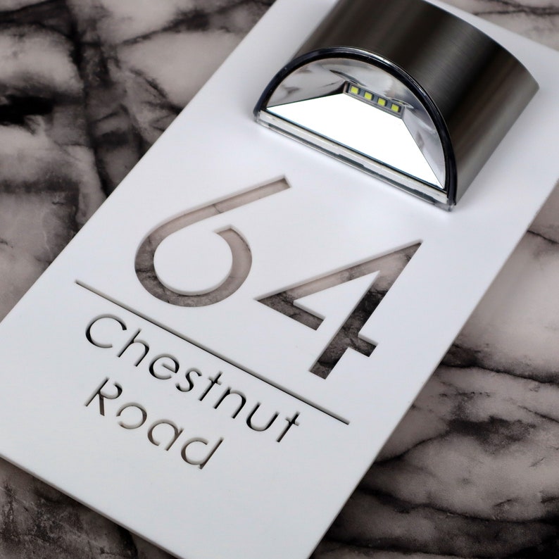 Matt White House Number Sign With Solar Light Laser Acrylic Mirror ...