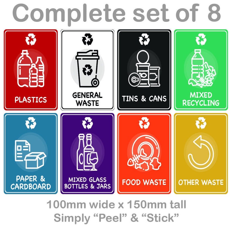 Mixed Set of Recycling Bin Sign Sticker Labels - Full Set of 8 Self ...