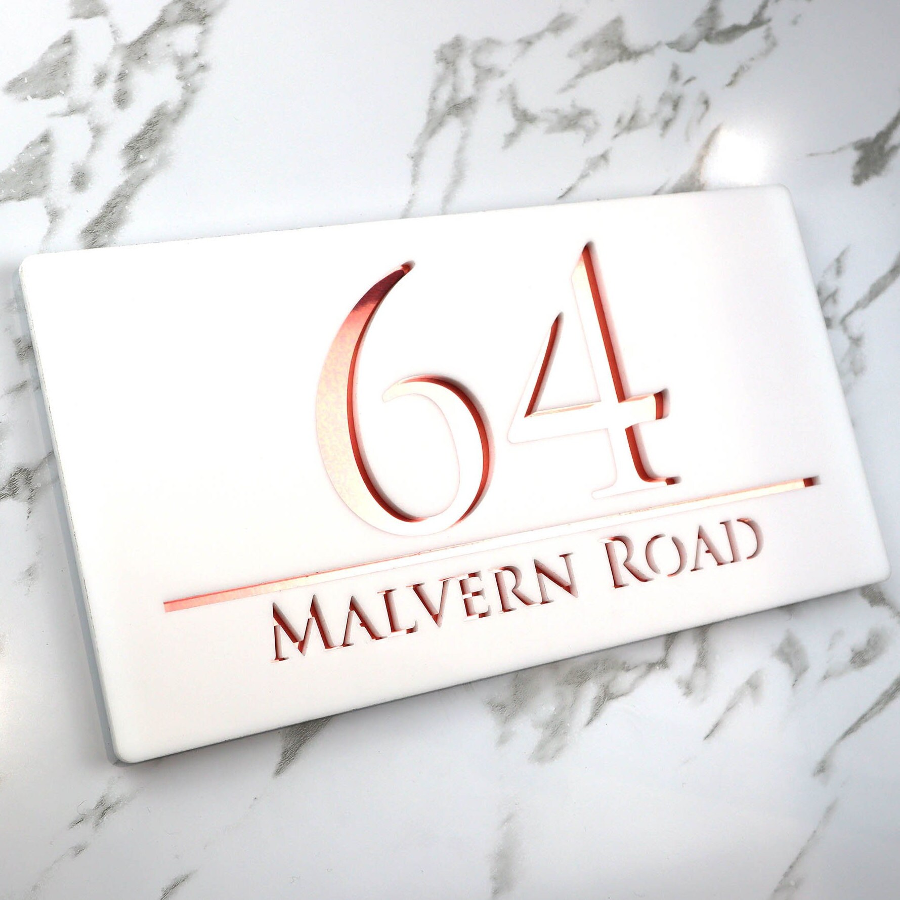 K Smart Sign | Bellissima H3 | Laser Cut Matt White & Rose Gold Mirror ...