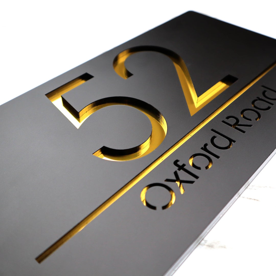 K Smart Sign | Laser Cut Matt Black & Gold Mirror Personalised Door ...
