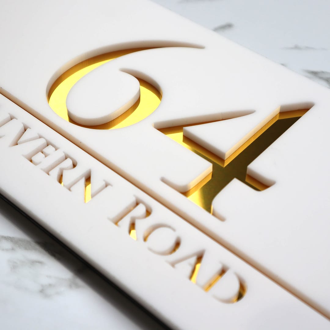 K Smart Sign | Bellissima H3 | Laser Cut Matt White & Gold Mirror ...