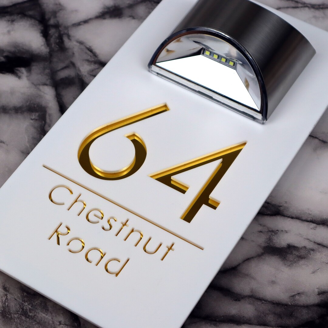 Matt White House Number Sign With Solar Light Laser Acrylic Mirror ...