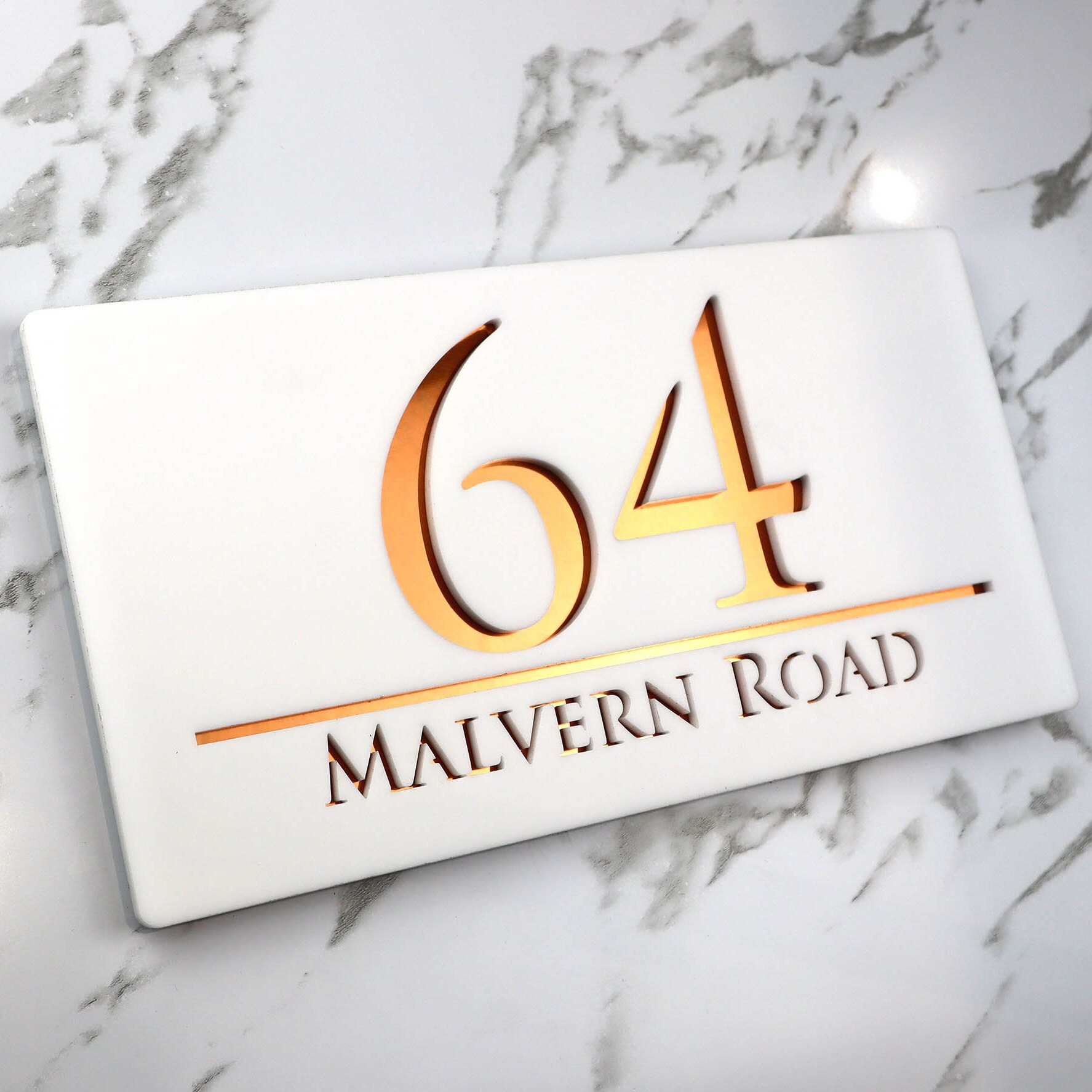 K Smart Sign | Bellissima H3 | Laser Cut Matt White & Copper Mirror ...