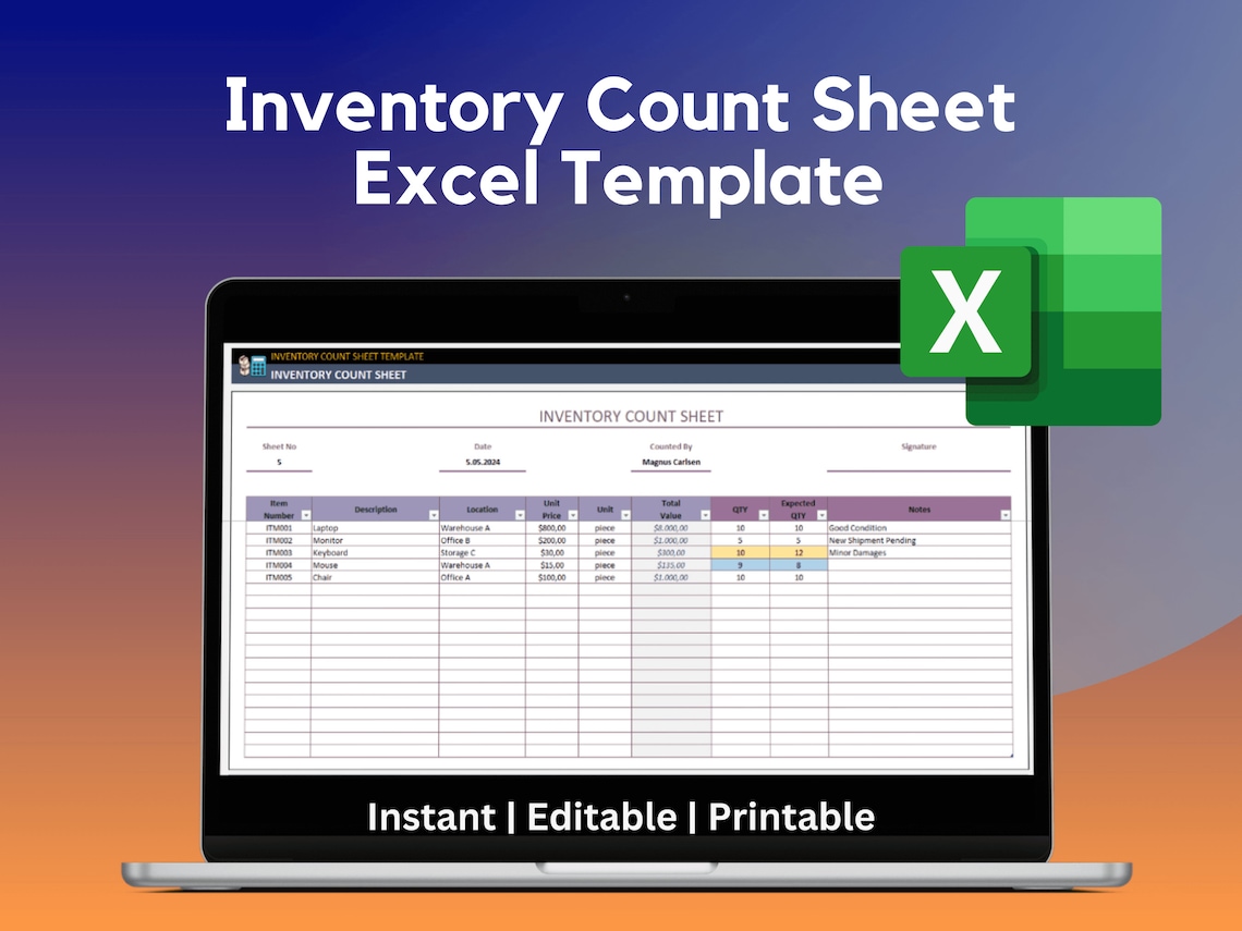 Inventory Count Sheet | Excel Template | Stock Management Tool ...