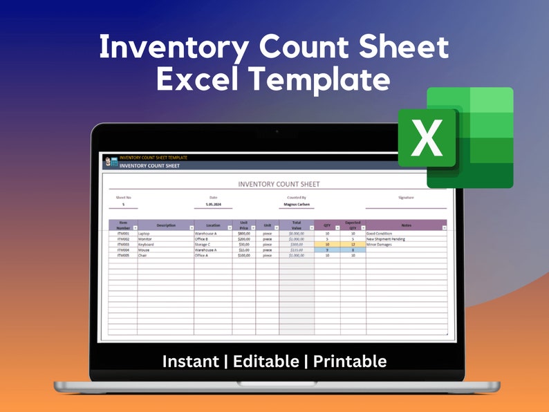 Inventory Count Sheet | Excel Template | Stock Management Tool | Physical Inventory Checklist ...