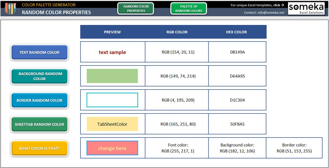 Color Palette Generator | Excel Template | Color Samples in Excel ...