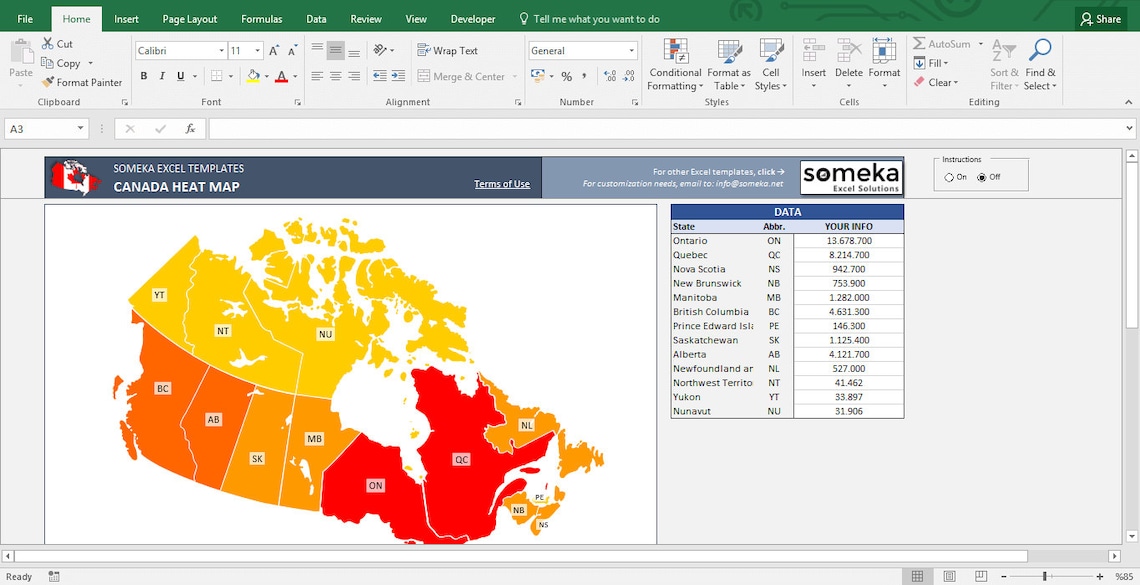 Canada Geographic Heat Map | Excel Template | Density Map | Automatic ...