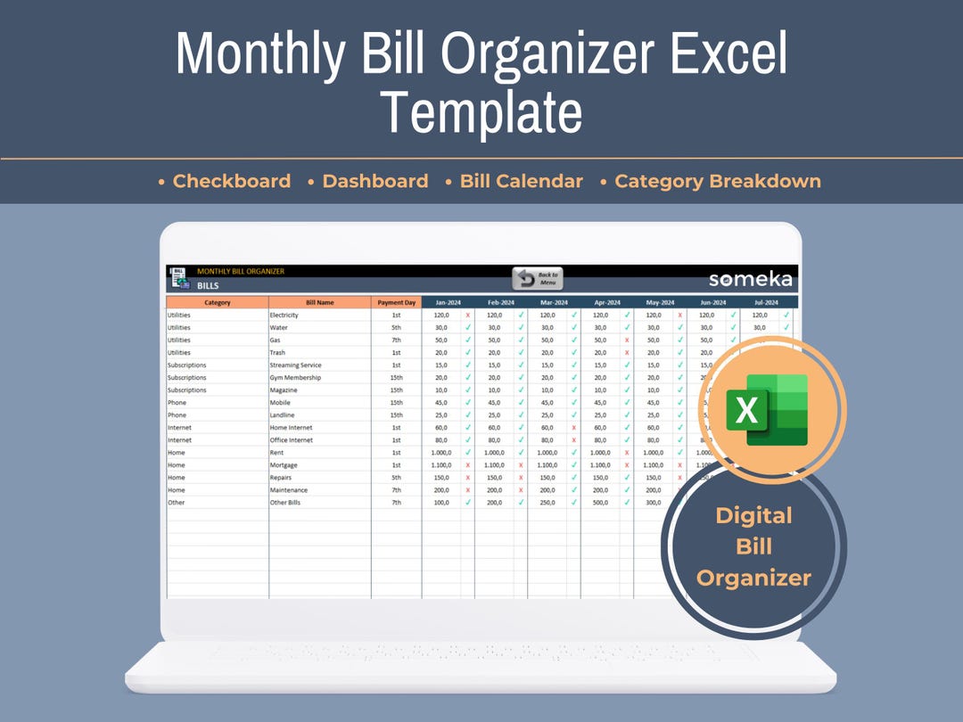 Monthly Bill Organizer | Excel Template | Bill Calendar | Dashboard ...