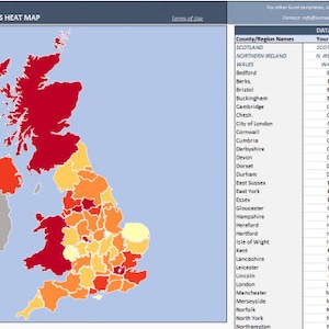 UK Geographic Heat Map | Excel Template | Density Map | Automatic City ...