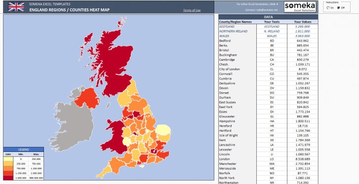 UK Geographic Heat Map | Excel Template | Density Map | Automatic City ...