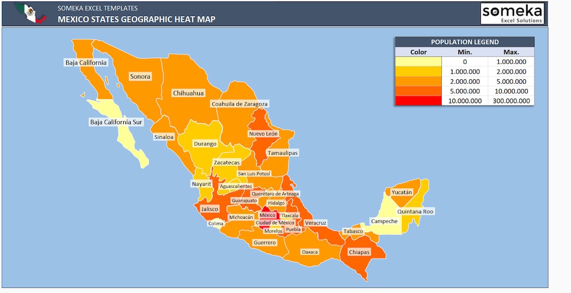 Mapa de calor geográfico de México / Plantilla de Excel / Mapa de ...