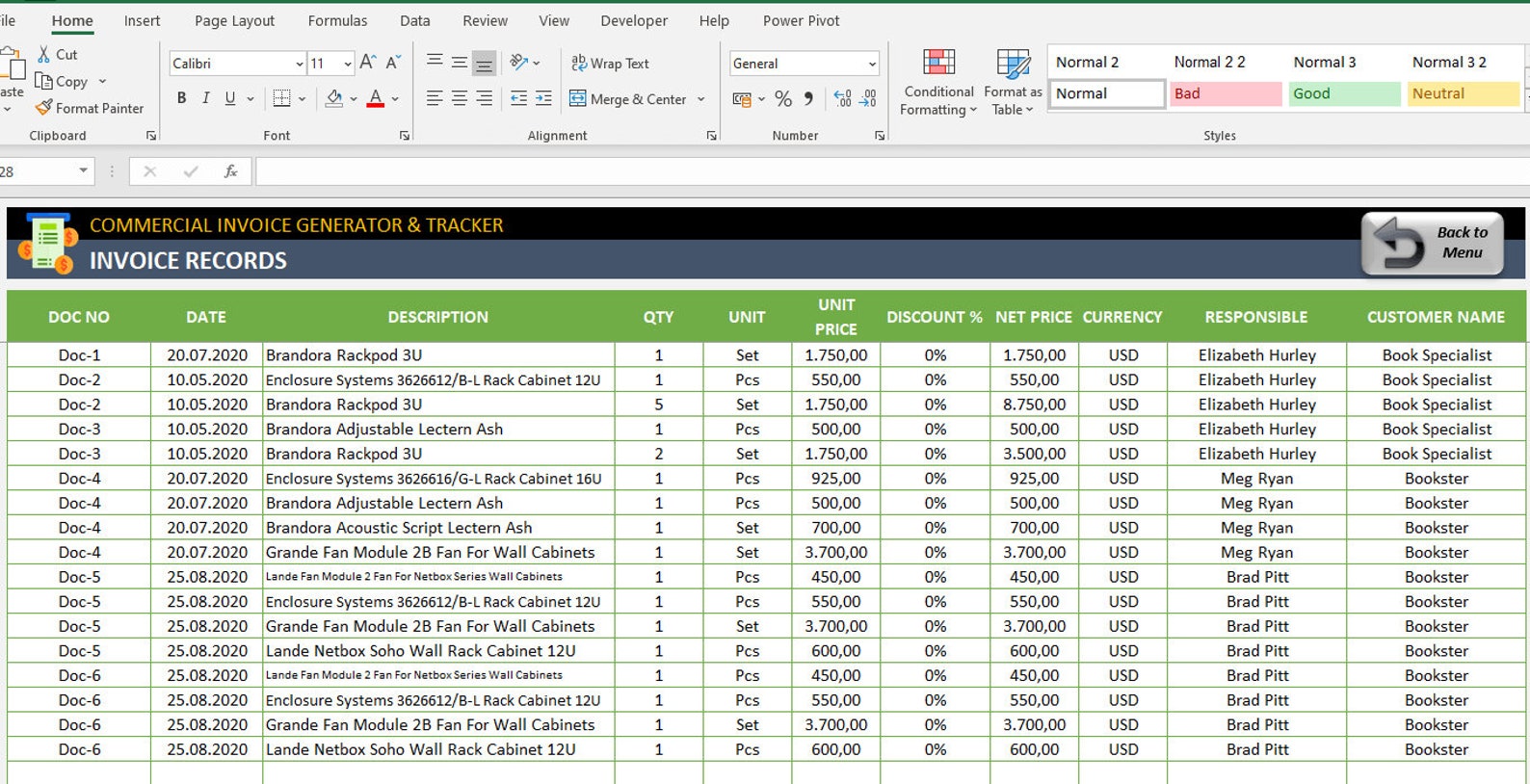 Commercial Invoice Tracker Excel Template | Invoicing Spreadsheet ...