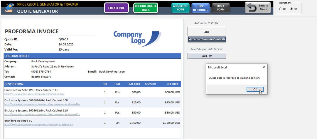 Excel Quotation Generator With Database: Proforma Invoice Template - Etsy
