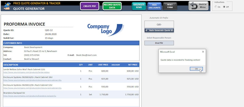 Price Quote Tracker Excel Template Quotation Spreadsheet - Etsy