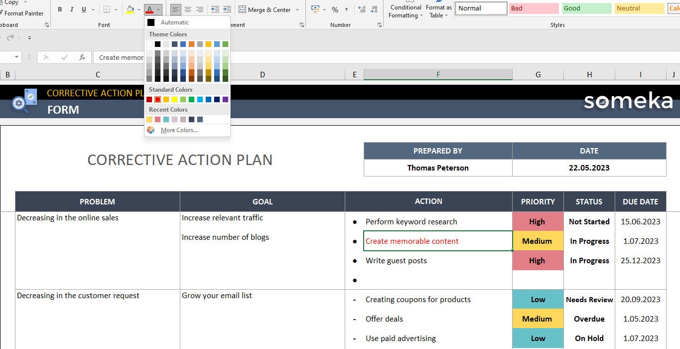 Corrective Action Plan Excel Template: Project Management CAP Tool - Etsy