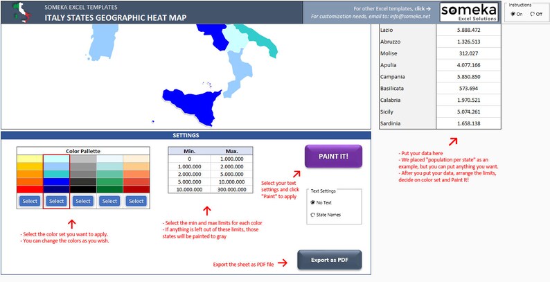 Italy Geographic Heat Map | Excel Template | Density Map | Automatic ...