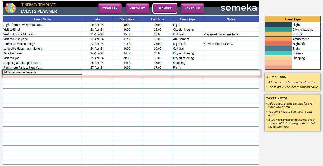 Travel Itinerary Excel Template Trip Planner With Checklists Daily Itinerary Program Generator ...