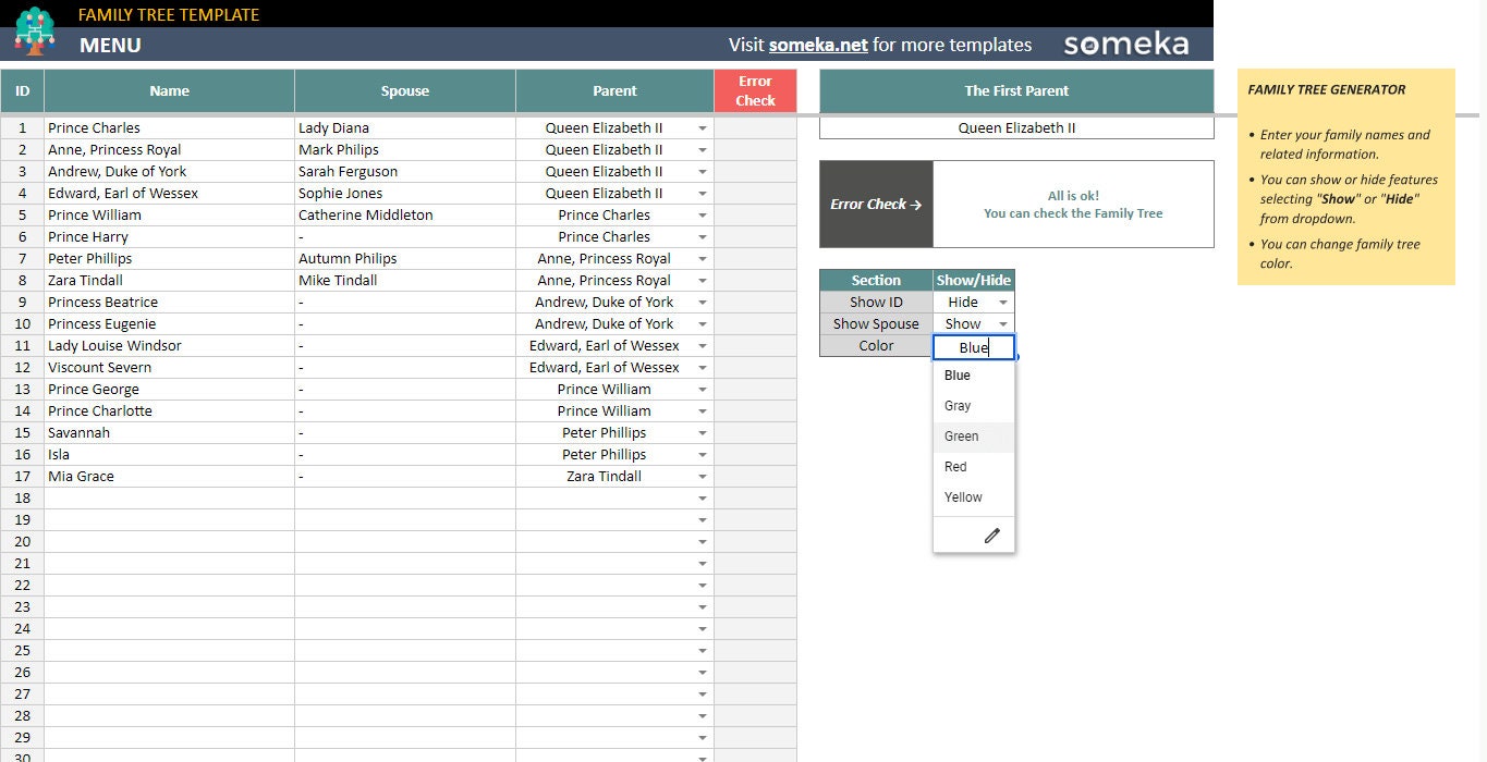 Family Tree Generator: Genealogy Chart, Google Sheets Template - Etsy