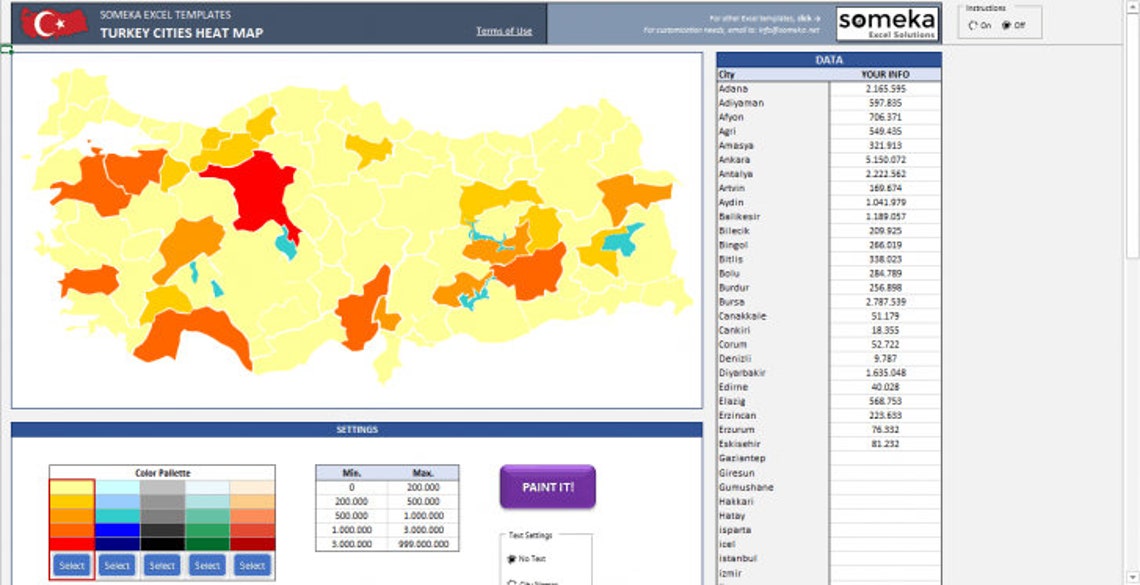 Turkey Geographic Heat Map | Excel Template | Density Map | Automatic ...