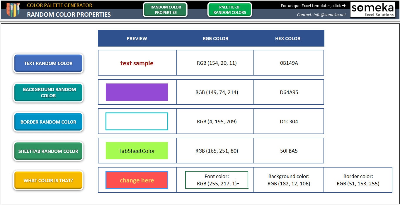 Color Palette Generator | Excel Template | Color Samples in Excel ...