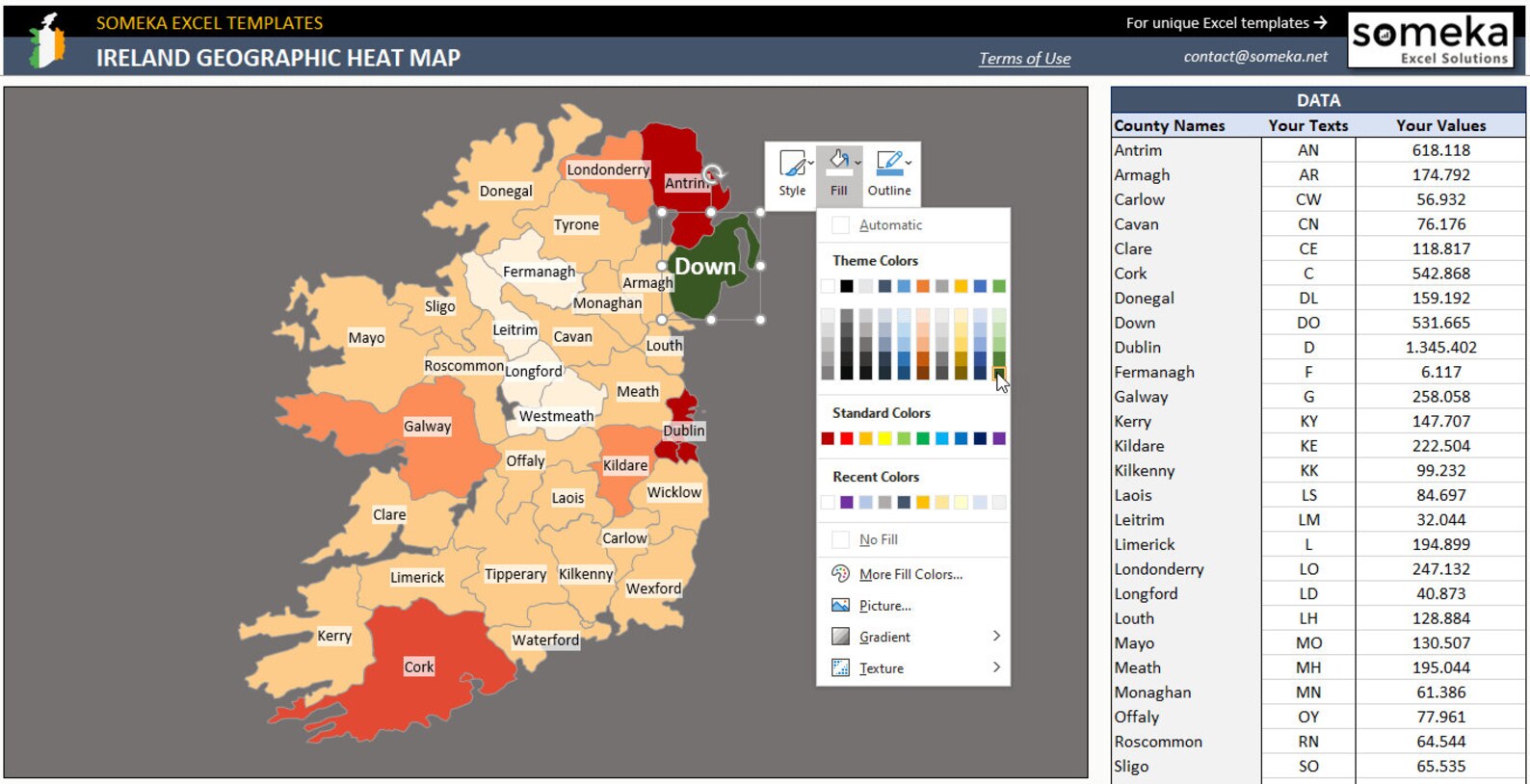 Ireland Counties Heat Map Generator | Excel Template - Etsy