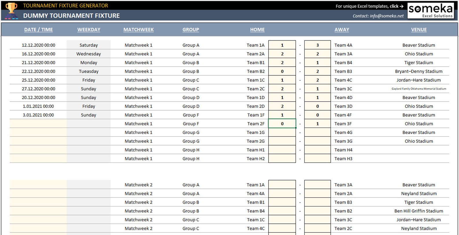Tournament Fixture Generator: Excel Template, Sports Elimination ...