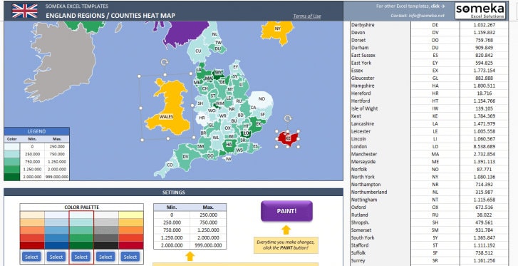 UK Geographic Heat Map | Excel Template | Density Map | Automatic City ...