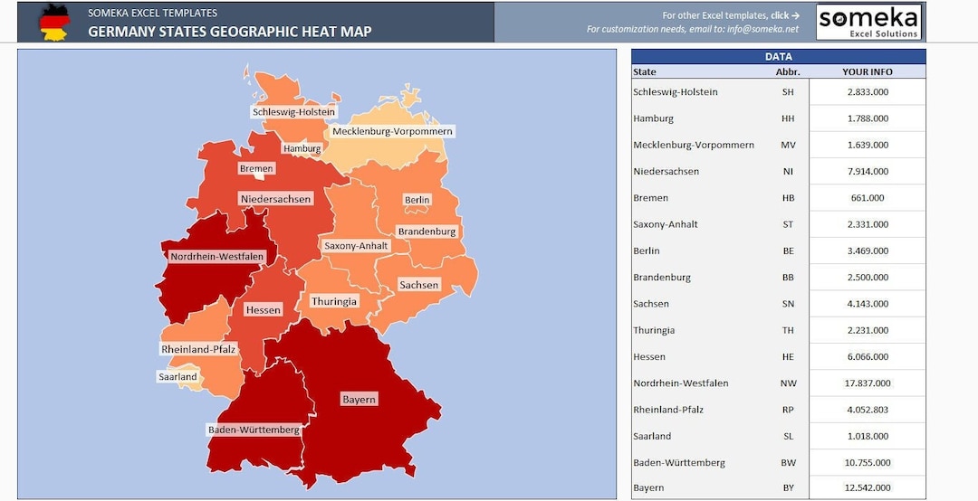Germany Geographic Heat Map | Excel Template | Density Map | Automatic ...
