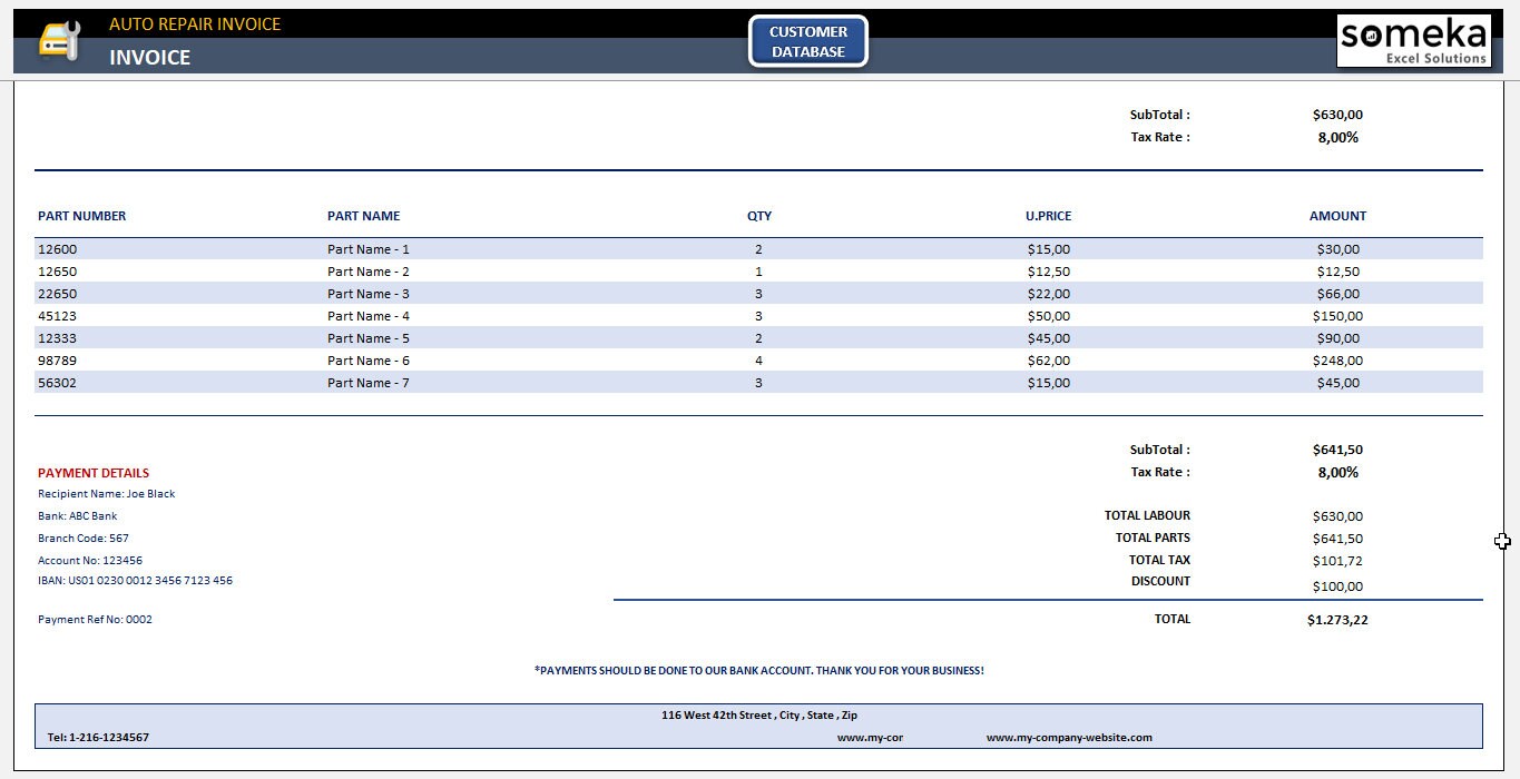 Auto Repair Invoice Template Excel