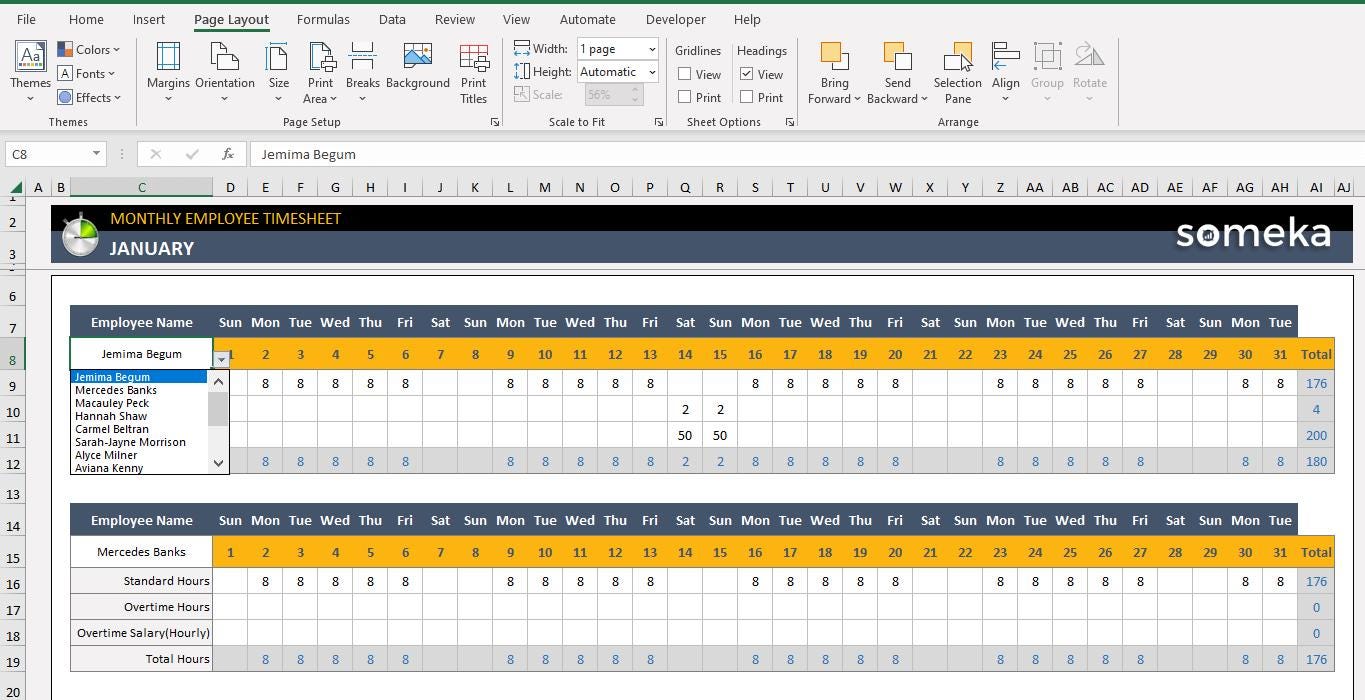 Monthly Employee Timesheet Template: Excel Staff Planner (calculate ...