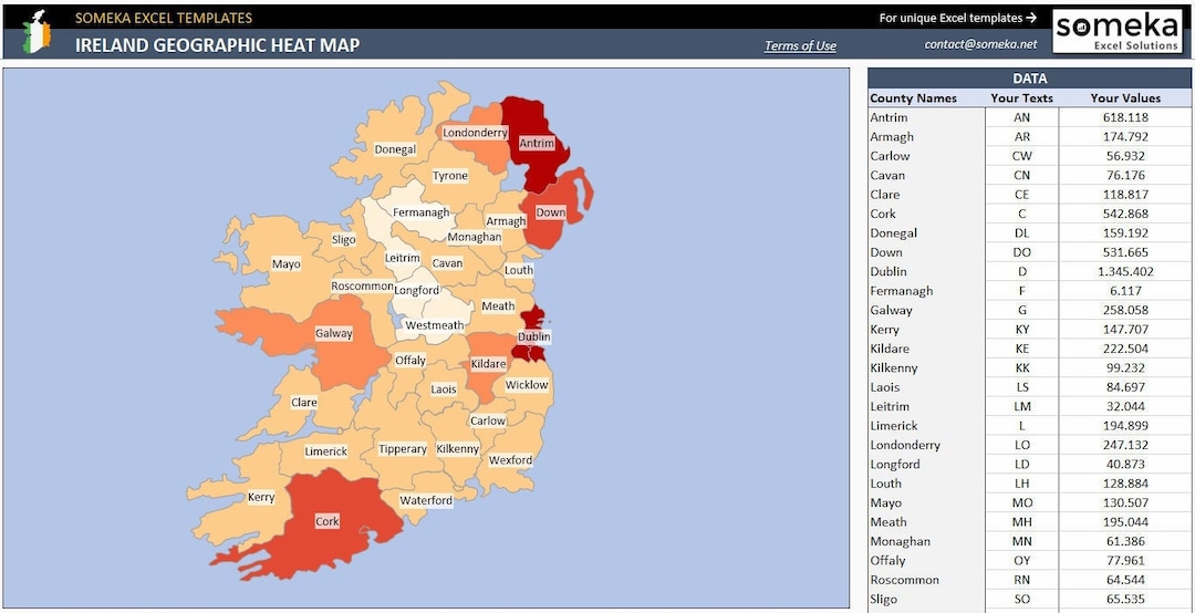 Ireland Geographic Heat Map Generator | Heat Map | Excel Heat Map Maker ...