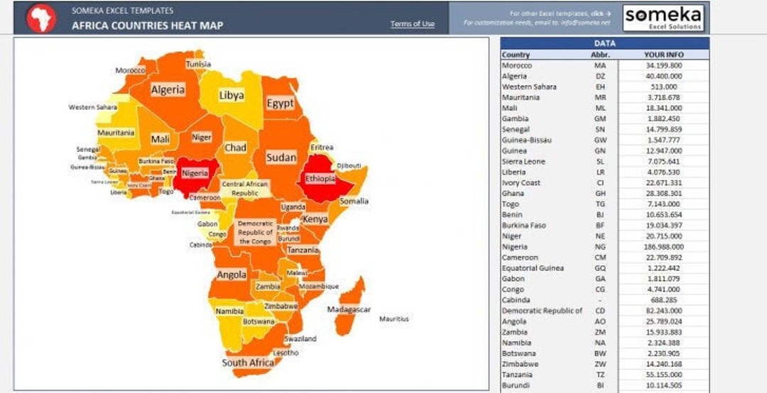 Africa Heat Map Excel Template | Printable Country Density Map - Etsy