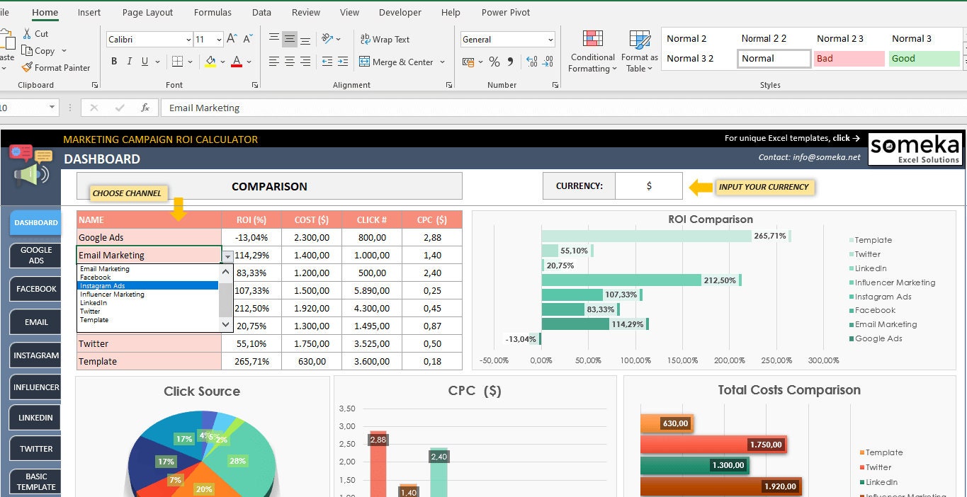 Marketing Campaign ROI Calculator Excel Template Marketing | Etsy Canada
