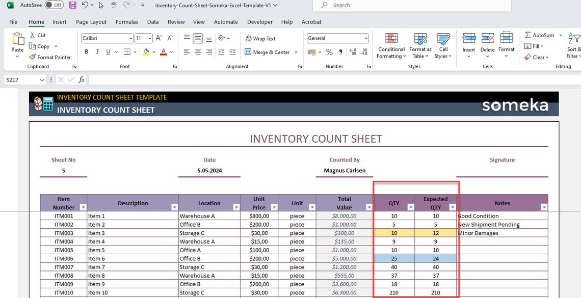 Inventory Count Sheet Excel Template Stock Management Tool Physical ...