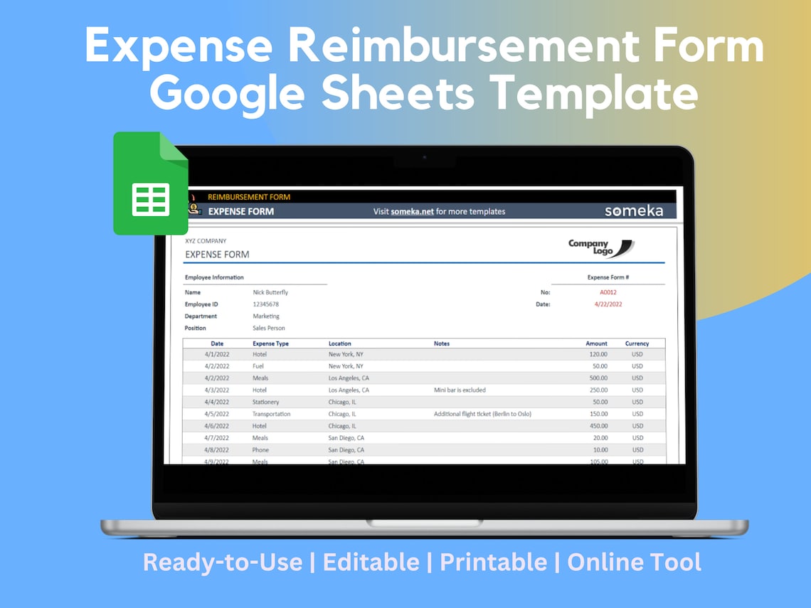 Expense Reimbursement Form | Google Sheets Template | Expense Report ...