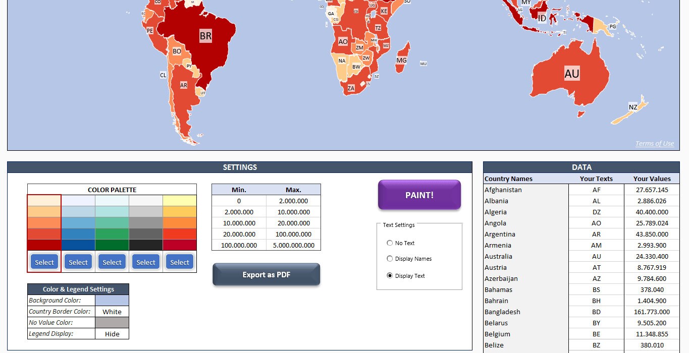 World Heat Map Excel Template: Automatic Country Coloring - Etsy