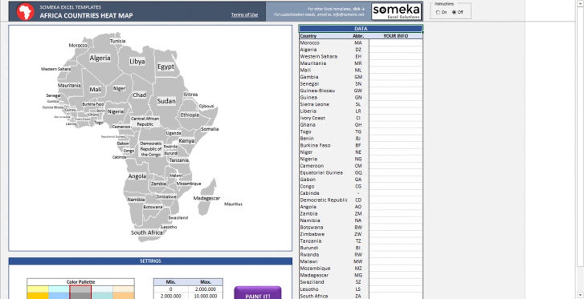 Africa Geographic Heat Map Excel Template Density Map Automatic City ...