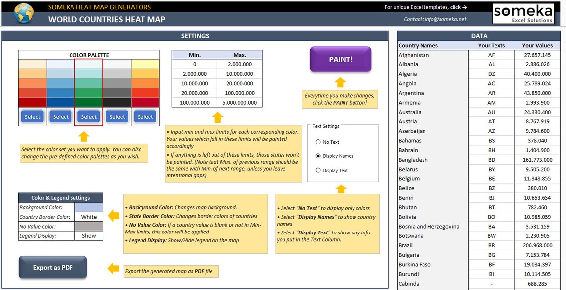 World Heat Map Excel Template | Density Map | Automatic City Coloring ...