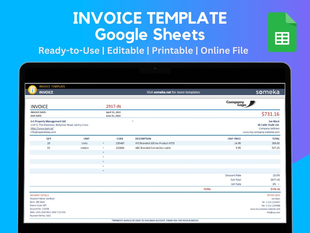 Plantilla de factura / Hojas de cálculo de Google / Factura editable e imprimible / Plantilla de ...