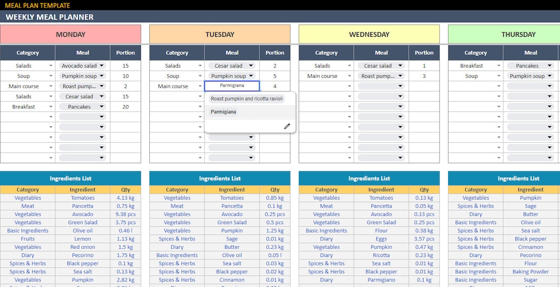 Meal Plan Google Sheets Template Grocery List Template Weekly Meal ...