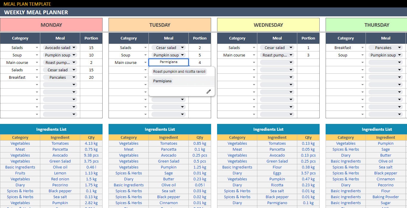 Meal Plan Google Sheets Template Grocery List Template Weekly Meal ...