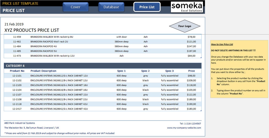 Modello di listino prezzi in Excel / Pronto per il download / | Etsy