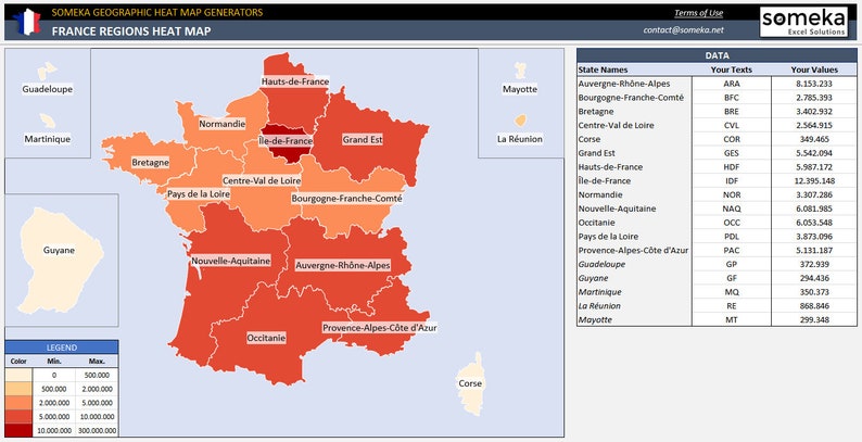 France Geographic Heat Map | Excel Template | Density Map | Automatic ...