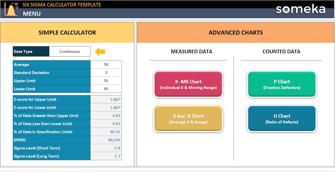 Six Sigma Calculator Excel Template | Process Capability | Measure Your ... Six Sigma Calculator Excel Template | Process Capability | Measure Your ...