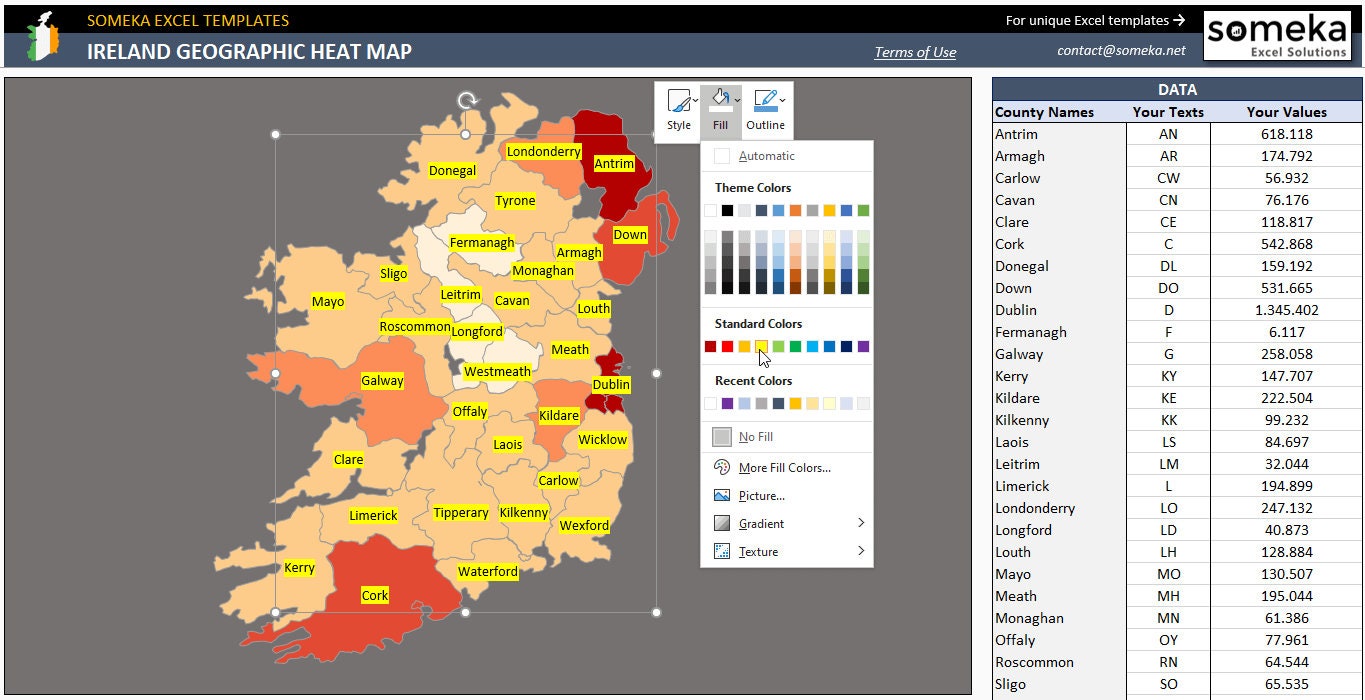 Ireland Geographic Heat Map Generator | Heat Map | Excel Heat Map Maker ...