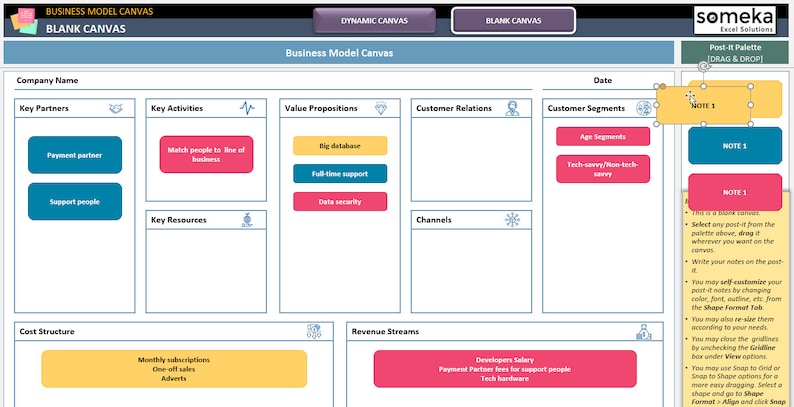 Business Model Canvas | Excel Template | Strategic Management | One ...